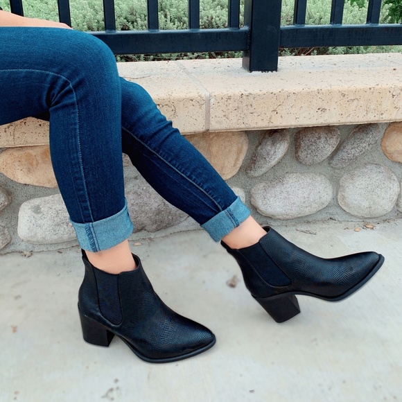 Shoes | Black Snake Texture Almond Toe Ankle Boots | Poshmark